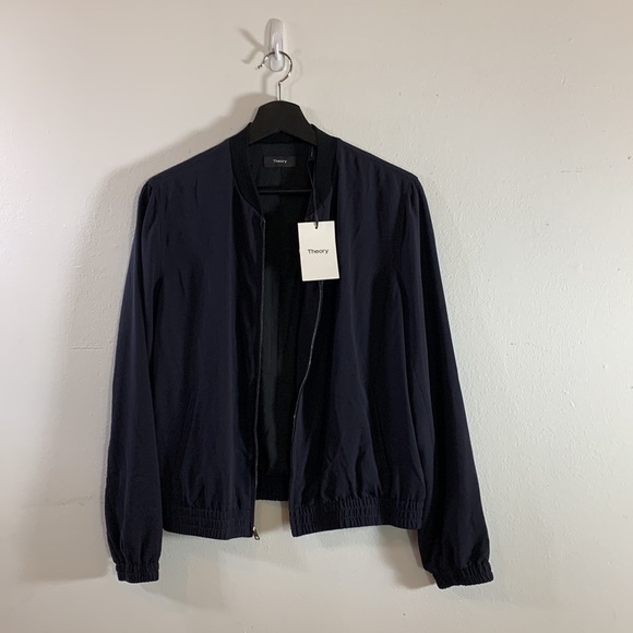 Theory | Jackets & Coats | Nwt Theory Night Sky Navy Lightweight Drapey Crepe Zip Up Flight ...